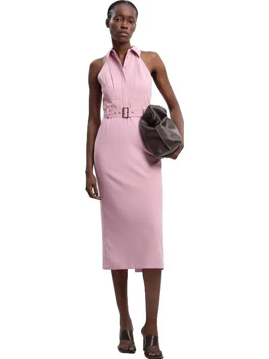 Karen Millen Collared Halter Neck Belted Midi Dress - Pink