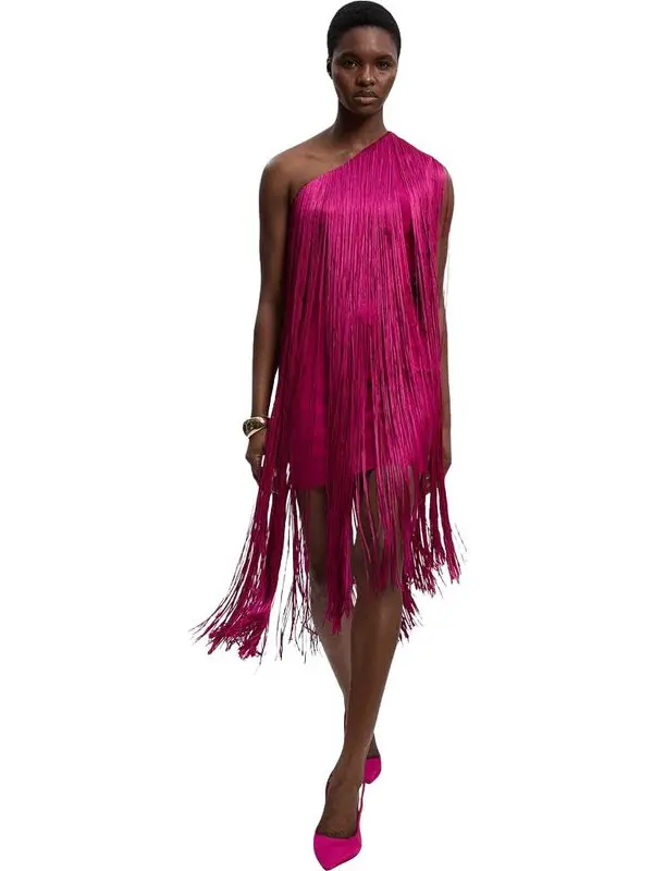 Karen Millen One Shoulder Fringe Mini Dress - Magenta