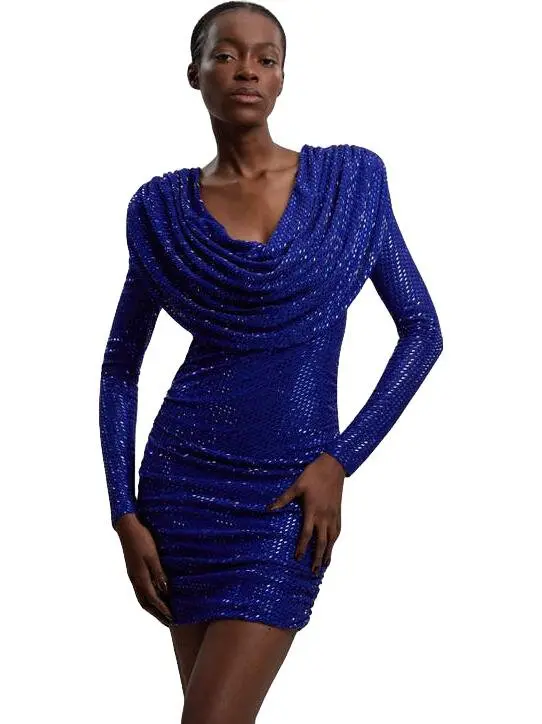 Karen Millen Embellished Cowl Neck Long Sleeve Mini Dress - Cobalt