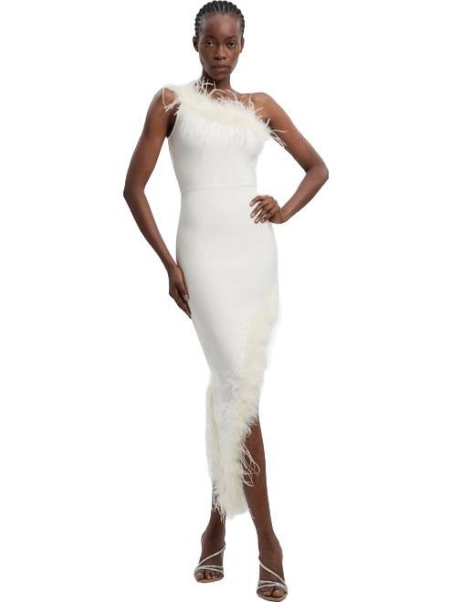 Karen Millen Feather Trimmed One-shoulder Maxi Dress - Ivory