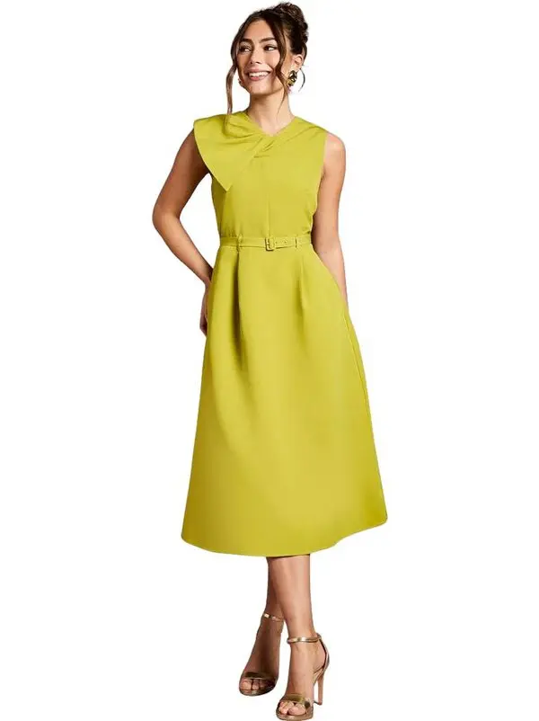 Coast Bow Crepe Belted Midi Dress - Acid Lime