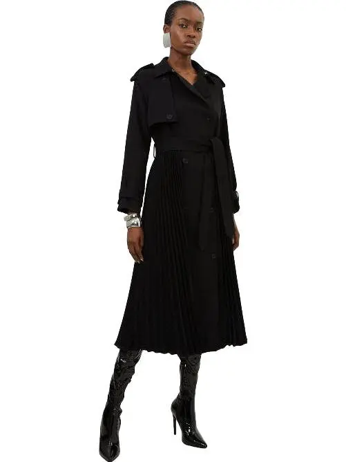 Karen Millen Belted Trench Coat With Pleated Skirt - Black