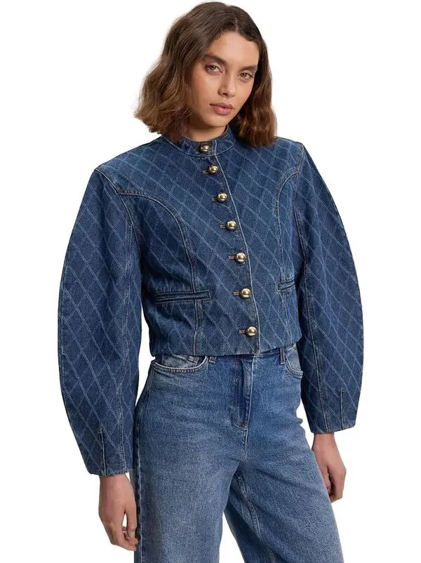Karen Millen Quilted Denim Jacket With Balloon Sleeves - Blue