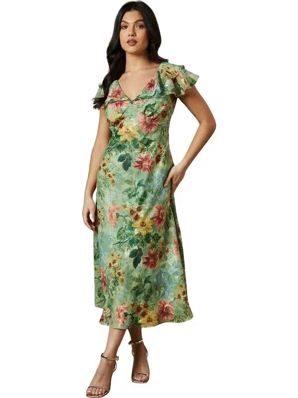 OASIS Floral Satin Burnout Midi Dress - Sage