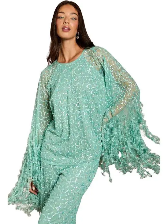 Coast Sequin Cape Blouse With Feather Trim - Sage