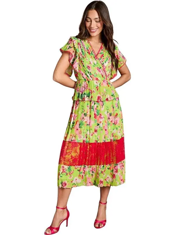 Coast Embroidered Floral Wrap Midi Dress - Green