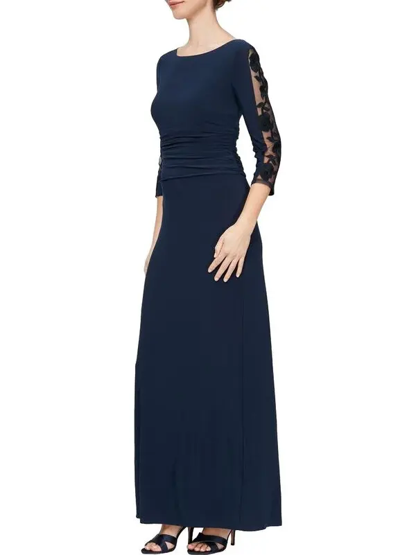 SL FASHIONS Ruched Waist Sheer Sleeve Gown - Navy