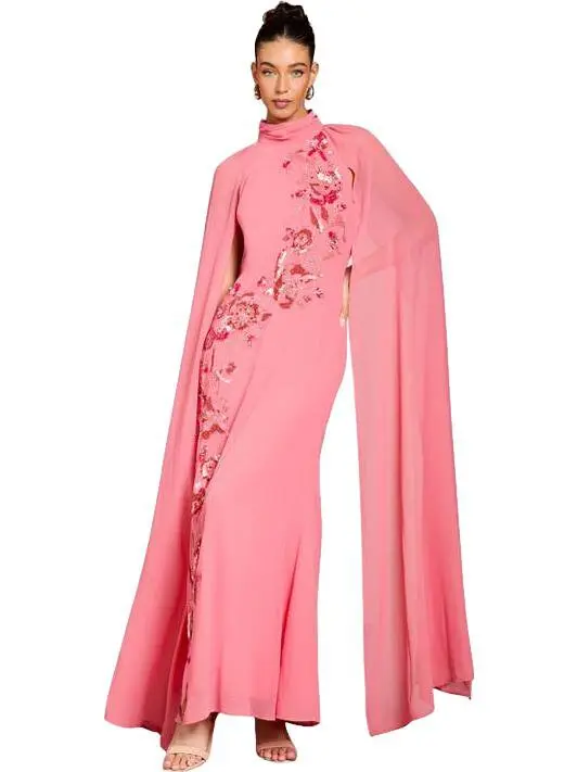 Coast Floral Embellished Cape Maxi Dress - Coral