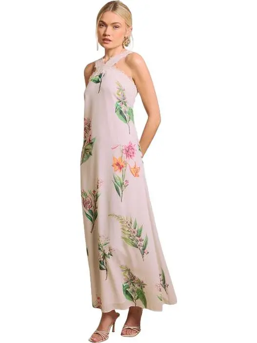 OASIS Halterneck Floral Maxi Dress With Lace Trim - Ivory