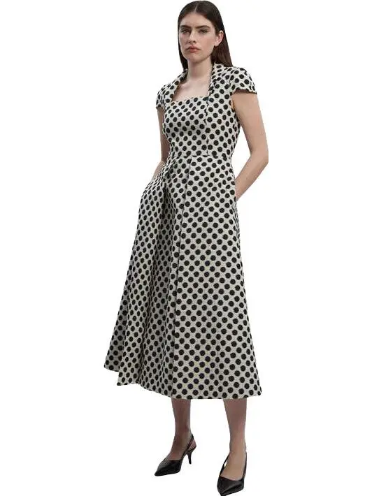 Karen Millen Spot Jacquard Square Neck Midi Dress - Mono