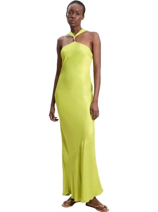 Karen Millen Halterneck Satin Maxi Dress - Chartreuse