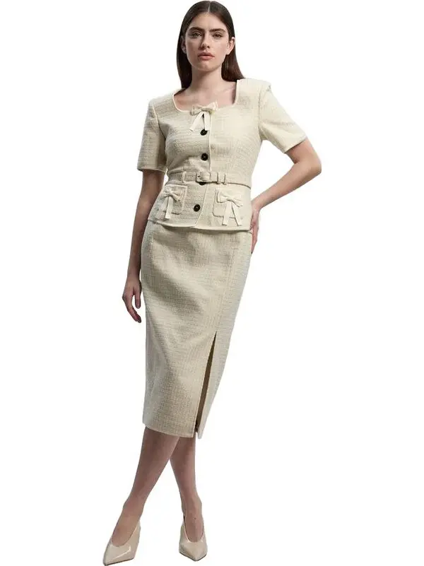 Karen Millen Tweed Bow Midi Dress - Ivory