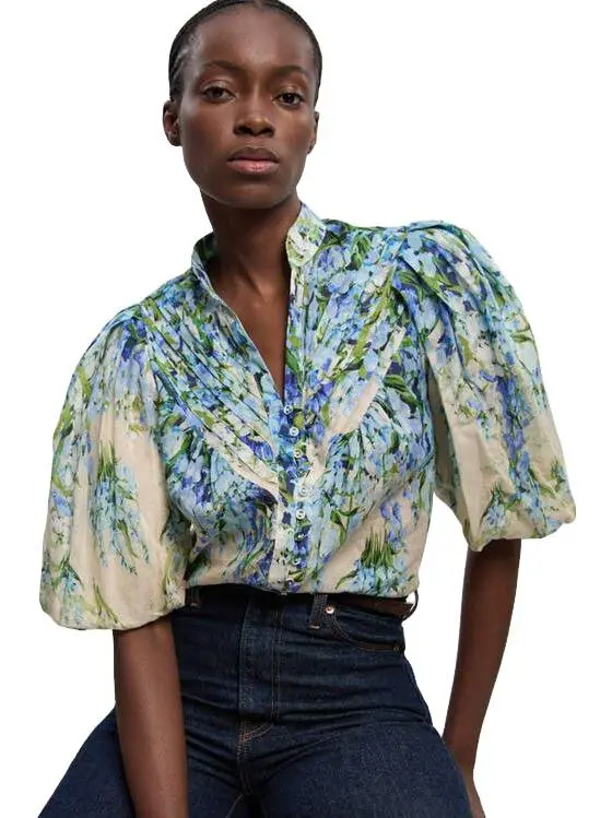 Karen Millen Floral Puff Sleeve Blouse - Blue
