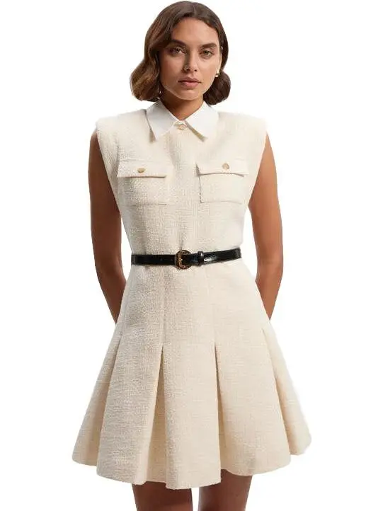 Karen Millen Tweed Collared Sleeveless Mini Dress - Cream