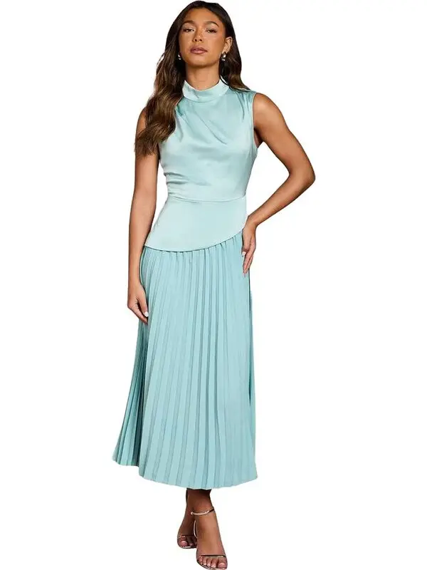 Coast High Neck Pleated Midi Dress - Duck Egg Blue