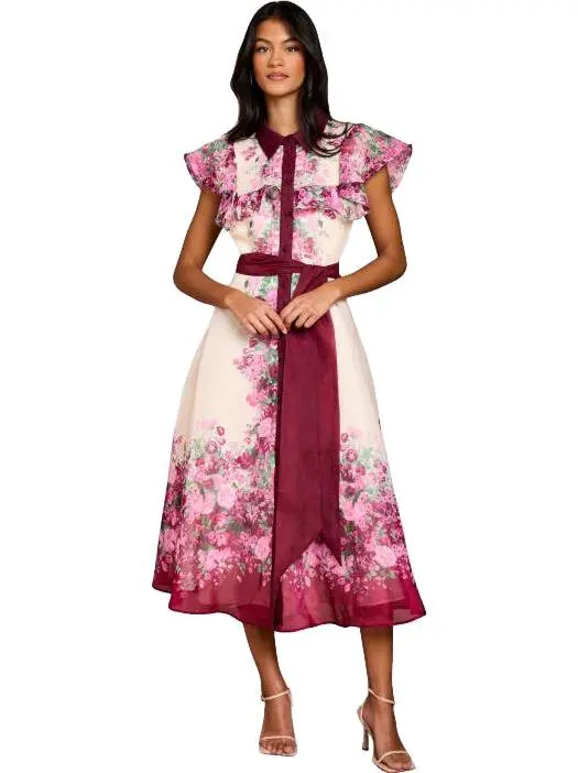 Coast Petite Floral Frill Collared Midi Dress - Berry