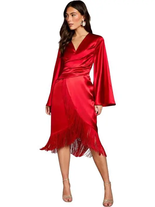 Coast Satin Fringed V-neck Wrap Midi Dress - Red
