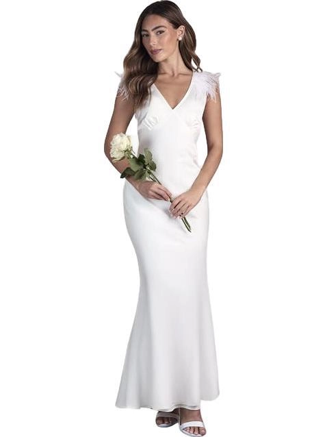 Coast V-neck Satin Maxi Dress With Feather Trim - Ivory