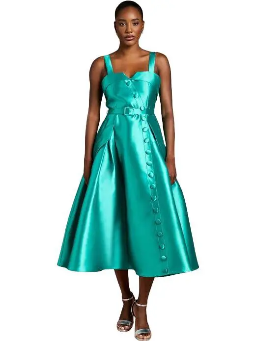 Coast Button-trim Belted Full Skirt Midi Dress - Teal