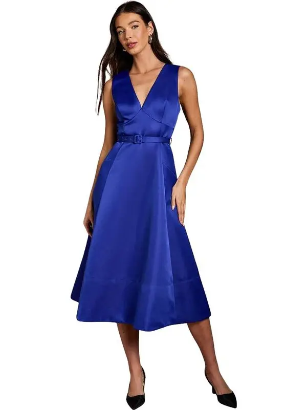 Coast V-neck Satin Midi Dress With Belt - Cobalt