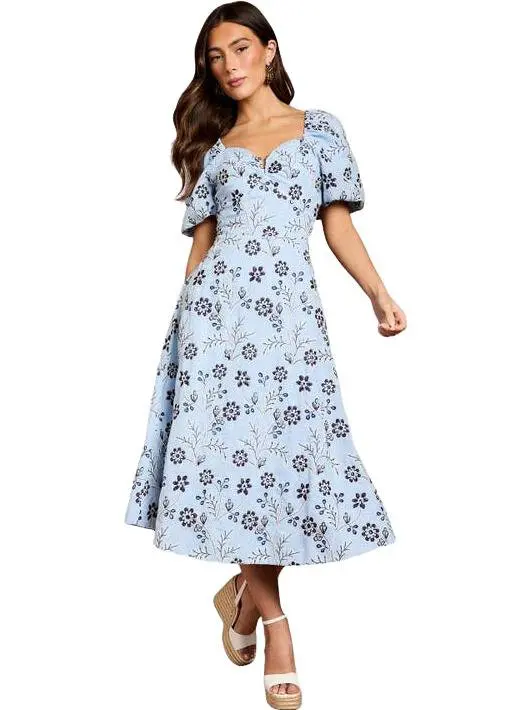 Coast Puff Sleeve Embroidered Midi Dress - Blue