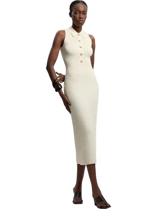 Karen Millen Rib Knit Collared Midi Dress With Button Detailing - Ivory