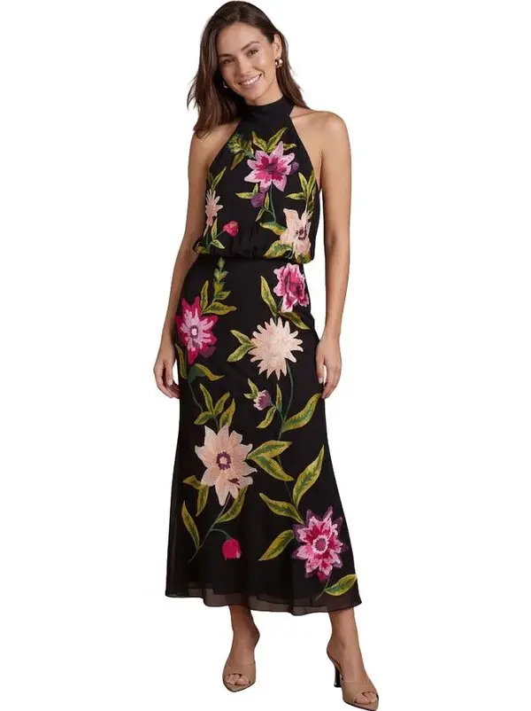 Coast Floral Embroidered Halter Neck Maxi Dress - Black