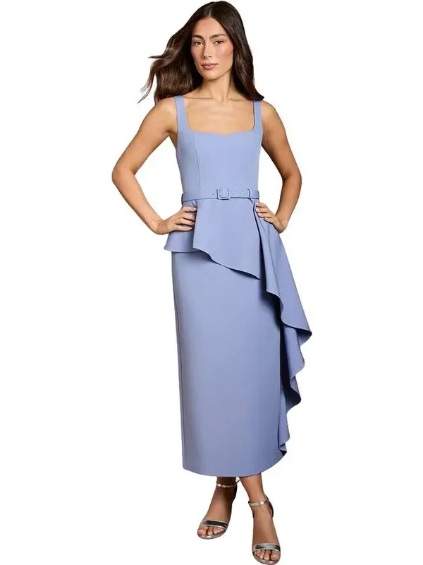 Coast Belted Pencil Dress With Square Neckline And Ruffle Detail - Slate Blue