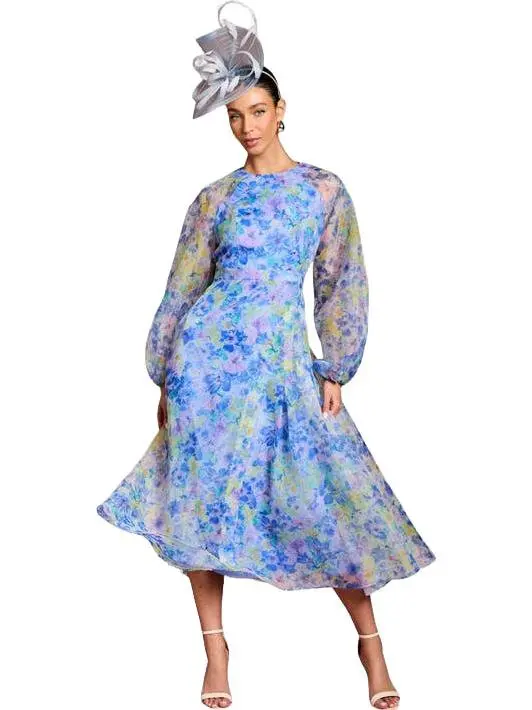 Coast Organza Floral Puff Sleeve Midi Dress - Blue