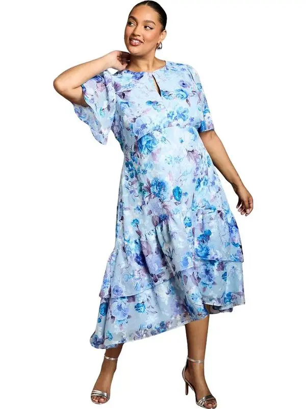 Coast Plus Tiered Midi Dress With Keyhole Neckline - Blue