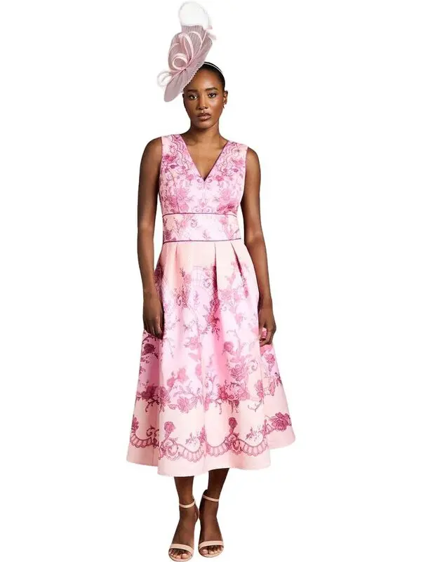 Coast V-neck Floral Print Satin Midi Dress - Coral