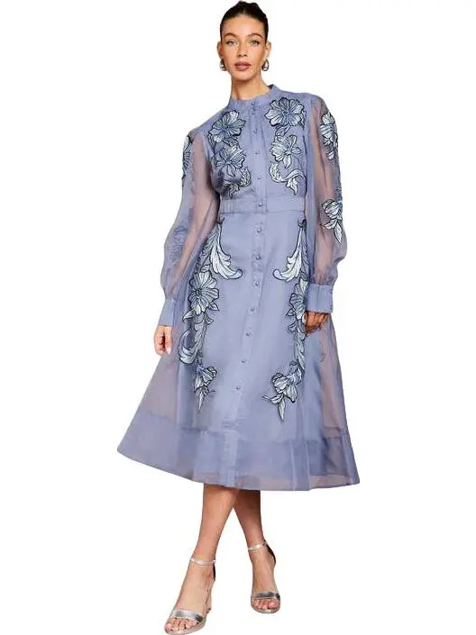 Coast Embroidered Sheer Sleeve Midi Dress - Blue