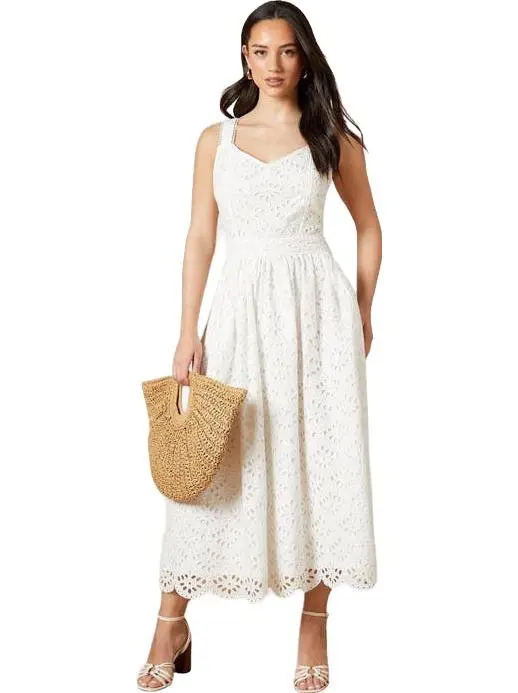 OASIS Embroidered Broderie Midi Dress - White