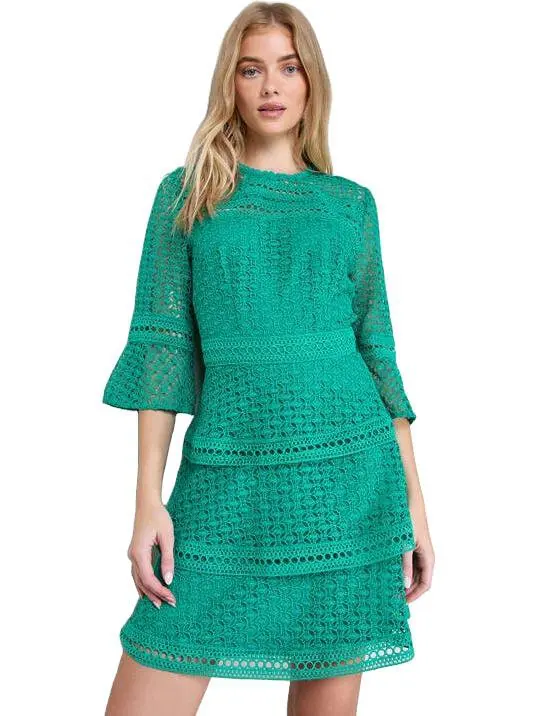 OASIS Lace Trim Tiered Mini Dress With Fluted Sleeves - Green