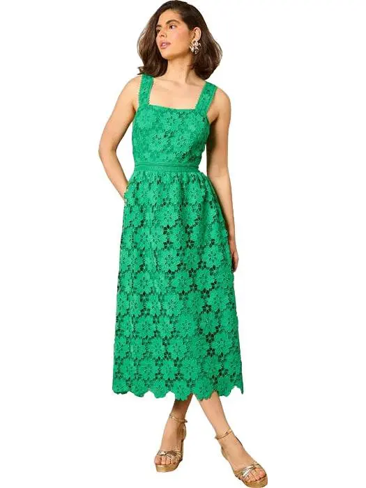 OASIS Floral Lace Square Neck Midi Dress - Emerald