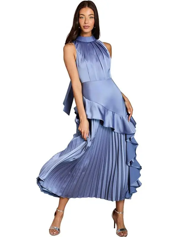 Coast Satin Crepe High Neck Pleated Midi Dress - Blue