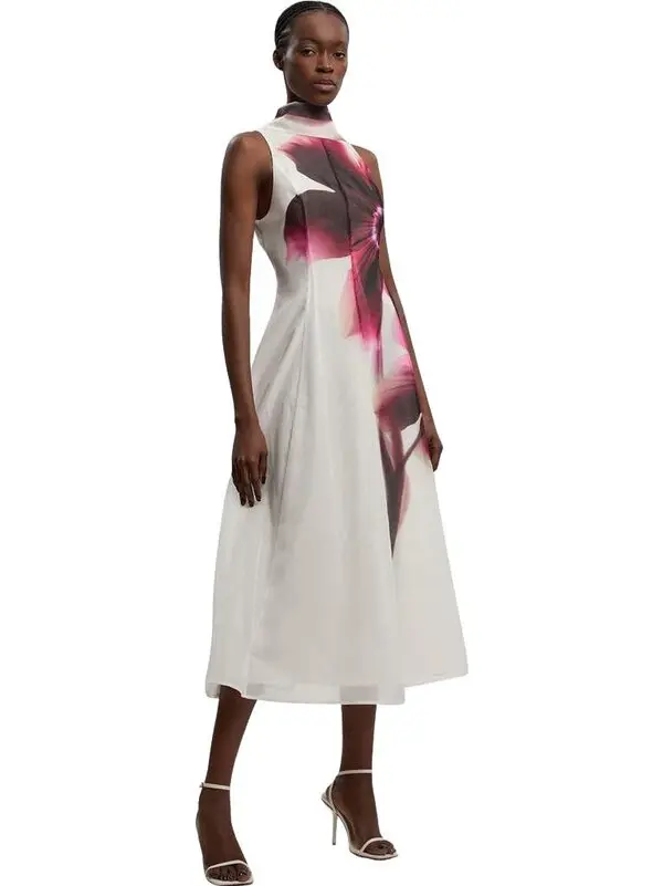 Karen Millen Sleeveless High Neck Floral Midi Dress - Pink
