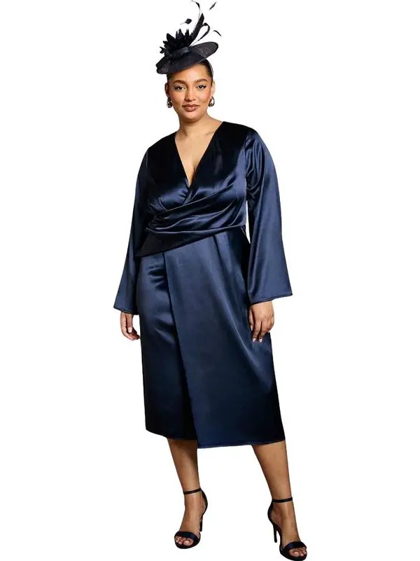Coast Plus Satin Wrap Dress With Flared Sleeves - Navy