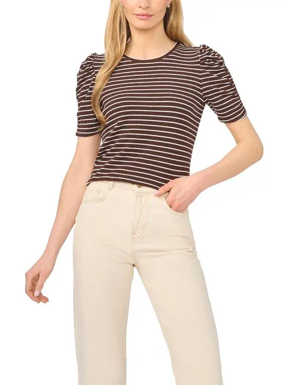 Halogen Puff Sleeve Striped Ribbed Crewneck Tee - Chicory Coffee
