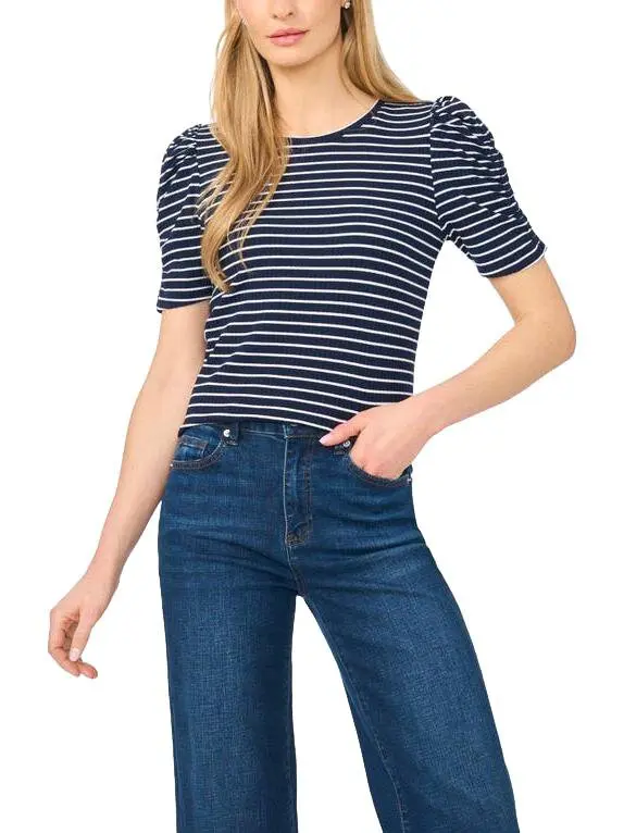 Halogen Puff Sleeve Striped Ribbed Crewneck Tee - Classic Navy