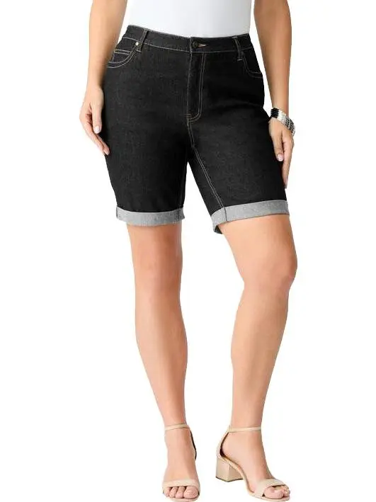 Roaman's Stretch Cuffed Boyfriend Short - Black Denim