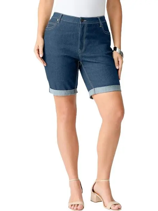 Roaman's Stretch Cuffed Boyfriend Short - Medium Stonewash