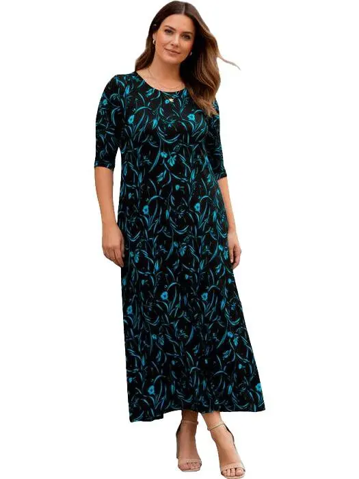 Roaman's Stretch Knit High-low Short Sleeve Maxi Dress - Black Painterly Vine