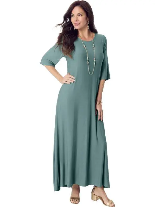 ROAMAN'S Stretch Knit High-low Short Sleeve Maxi Dress - Cool Sage