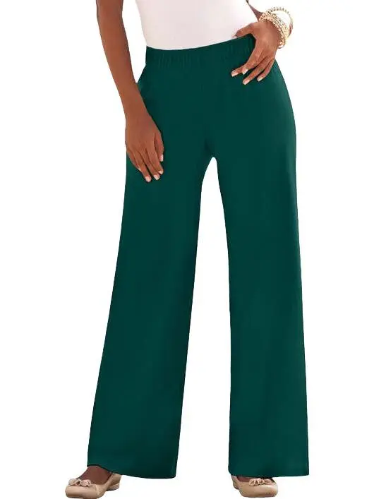 Roaman's Pull-on Wide Leg Soft Knit Pant - Emerald Green