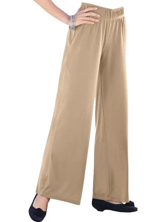 Roaman's Pull-on Wide Leg Soft Knit Pant - New Khaki