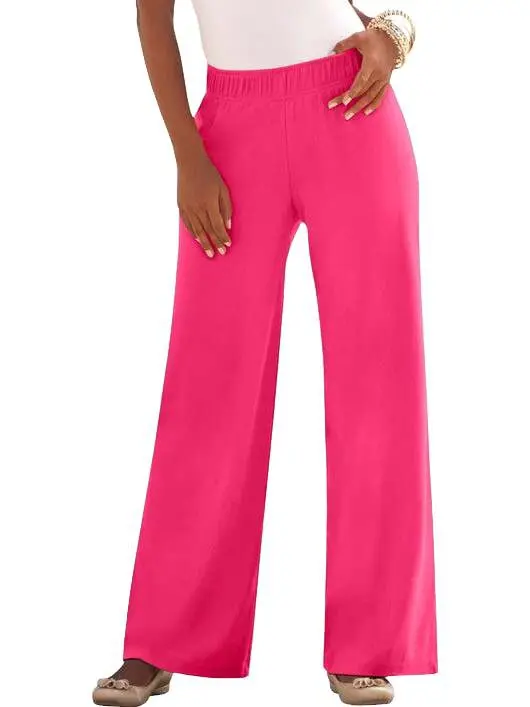 Roaman's Pull-on Wide Leg Soft Knit Pant - Pink Burst