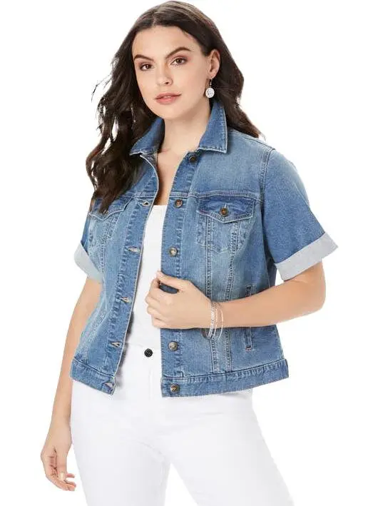 ROAMAN'S Short Sleeve Stretch Denim Jacket - Medium Wash