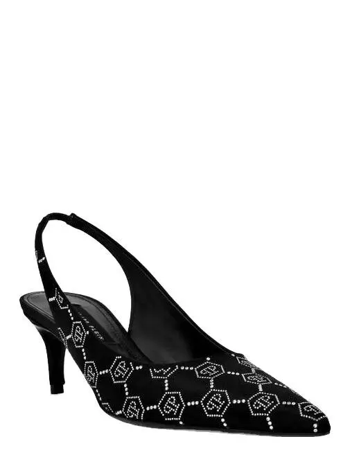 Philipp Plein Satin Slingback Low Heels With Strass Monogram - Black/crystal