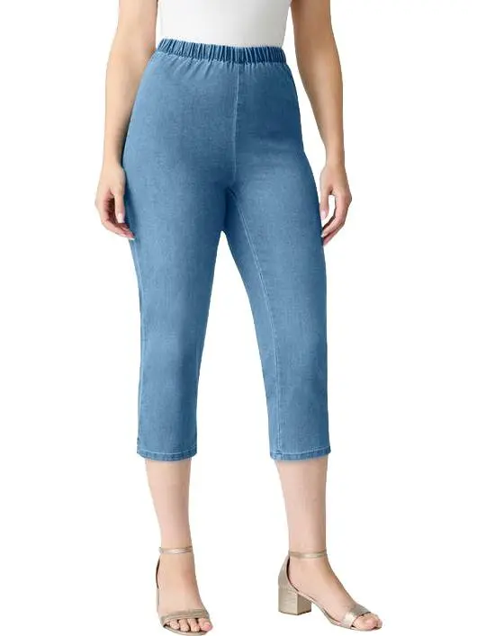 Roaman's Comfort Stretch Capri Jeans With Side Slits - Light Stonewash